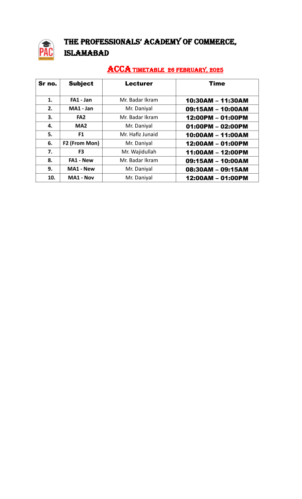 ACCA Timetable - Islamabad, February 2025