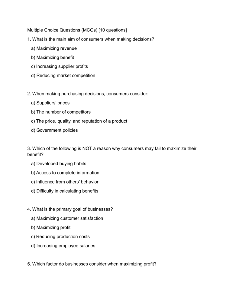 Economics Exam Questions: Consumer & Business Decisions