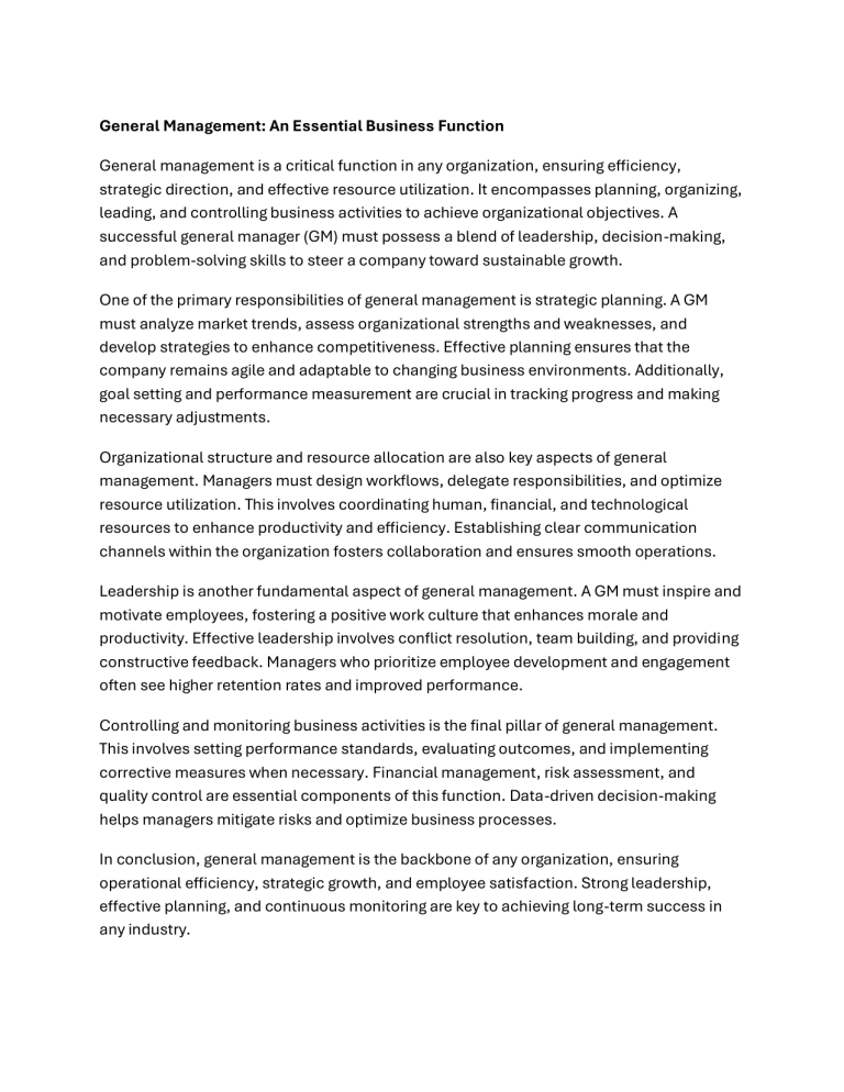 General Management: Essential Business Functions