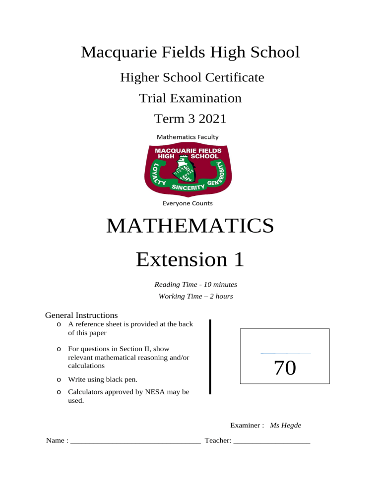Math Extension 1 Trial Exam - Macquarie Fields High