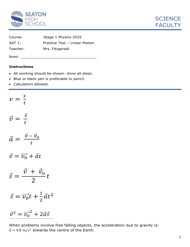 Linear Motion Physics Practice Test - High School