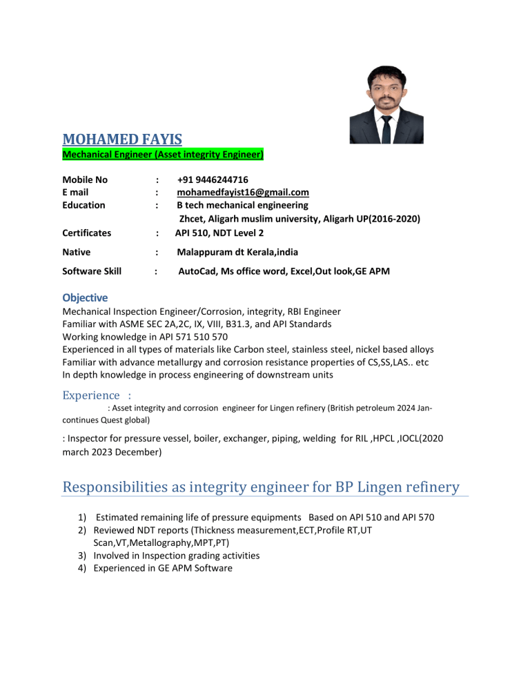 Mohamed Fayis - Mechanical Engineer - Asset Integrity Resume