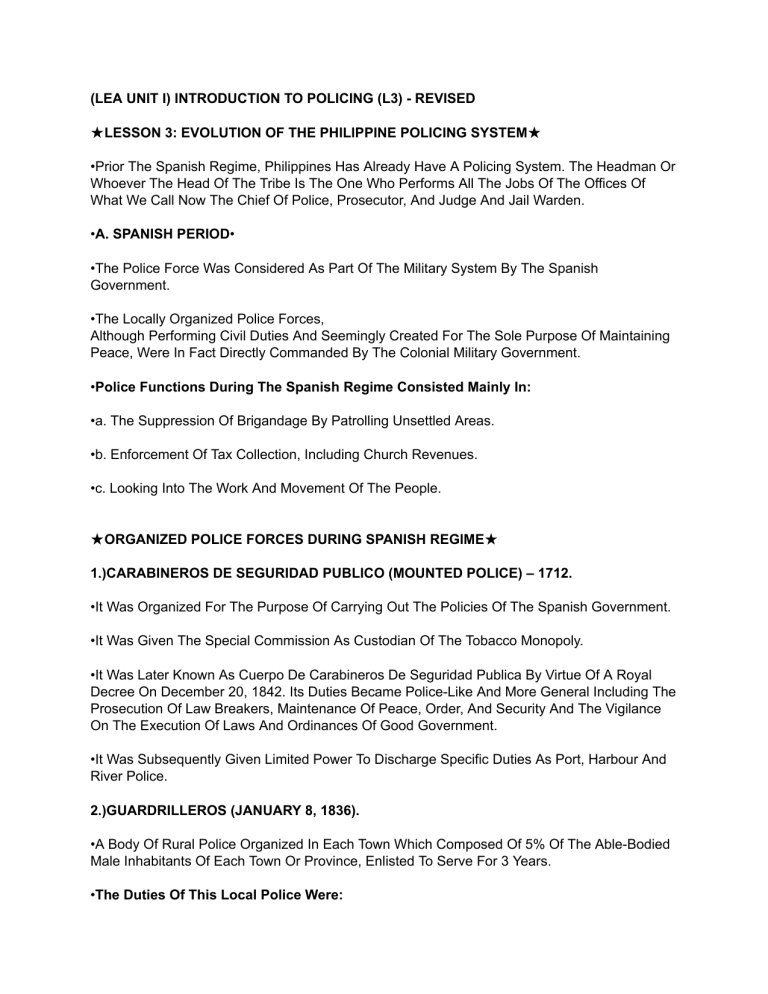 Philippine Policing System Evolution: A Lesson