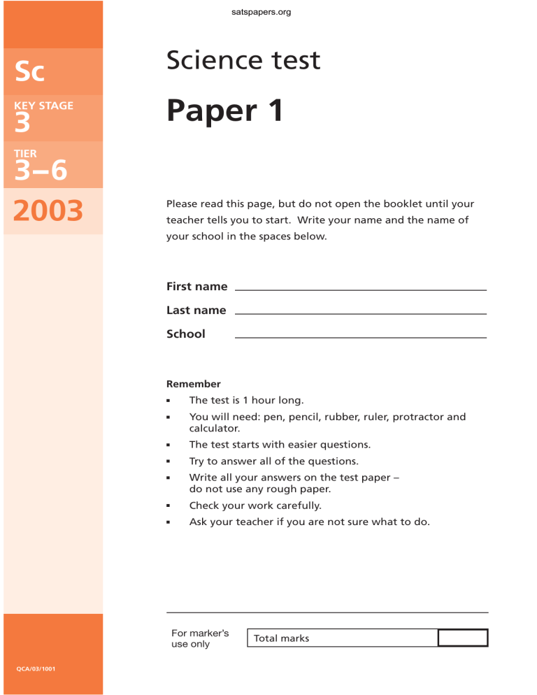 KS3 Science Test Paper 1 (Tier 3-6) 2003