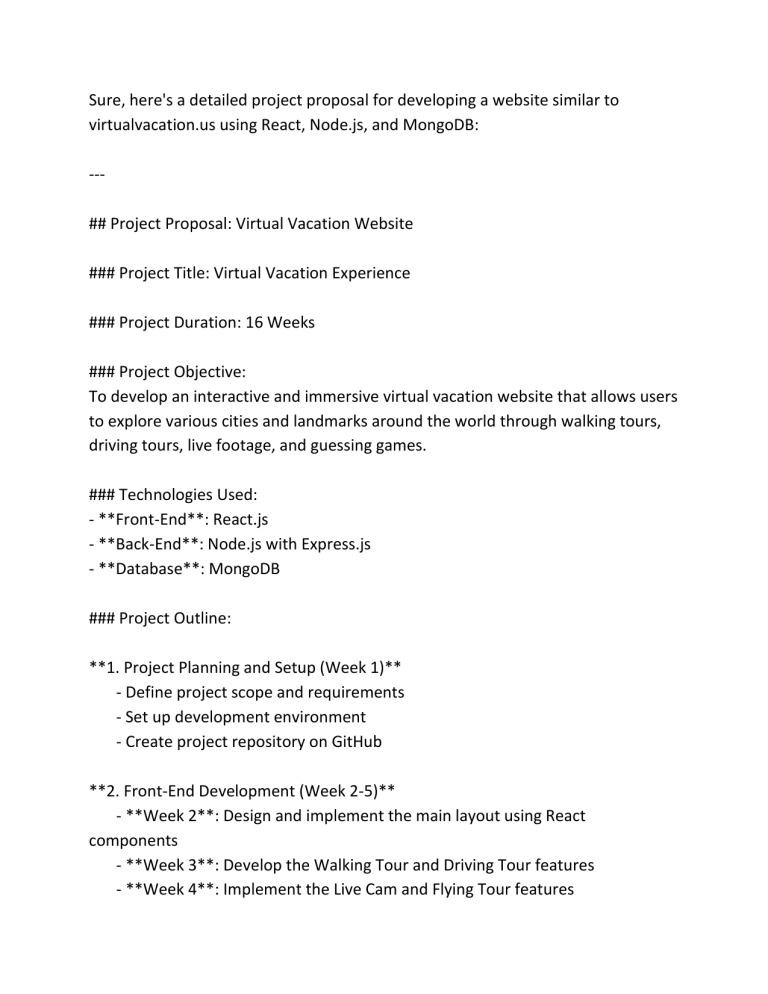 Virtual Vacation Website Project Proposal: React, Node.js, MongoDB