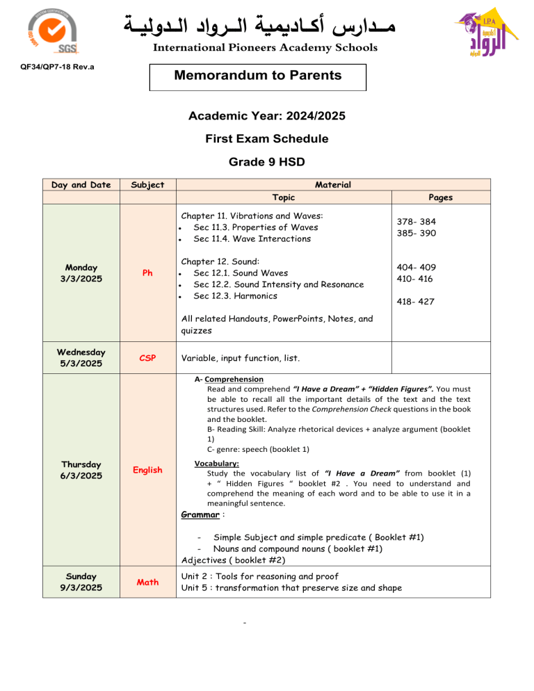 Grade 9 Exam Schedule - International Pioneers Academy