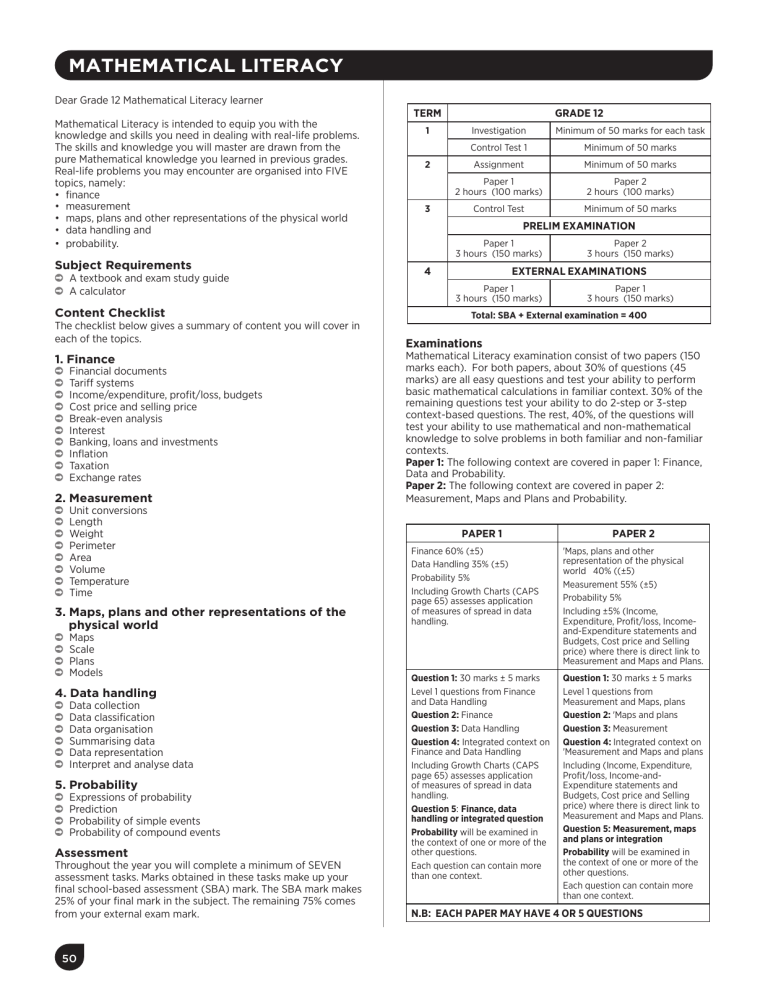 Grade 12 Mathematical Literacy Study Guide