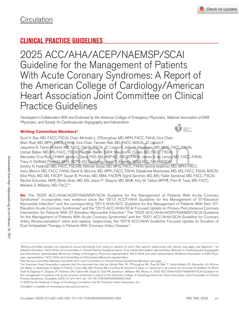 Acute Coronary Syndromes: 2025 ACC/AHA Guideline