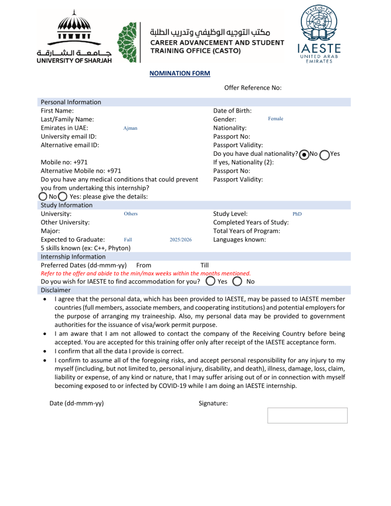 IAESTE Internship Nomination Form