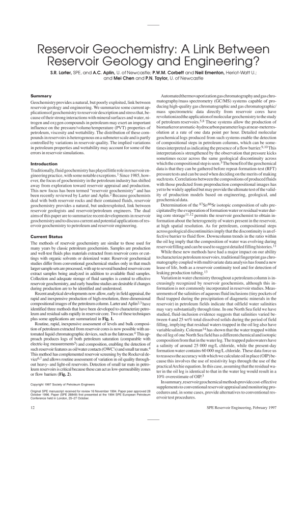 Reservoir Geochemistry: Geology & Engineering Link
