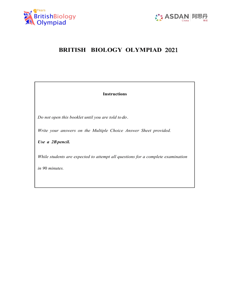 British Biology Olympiad 2021 Paper 1: High School Biology Exam