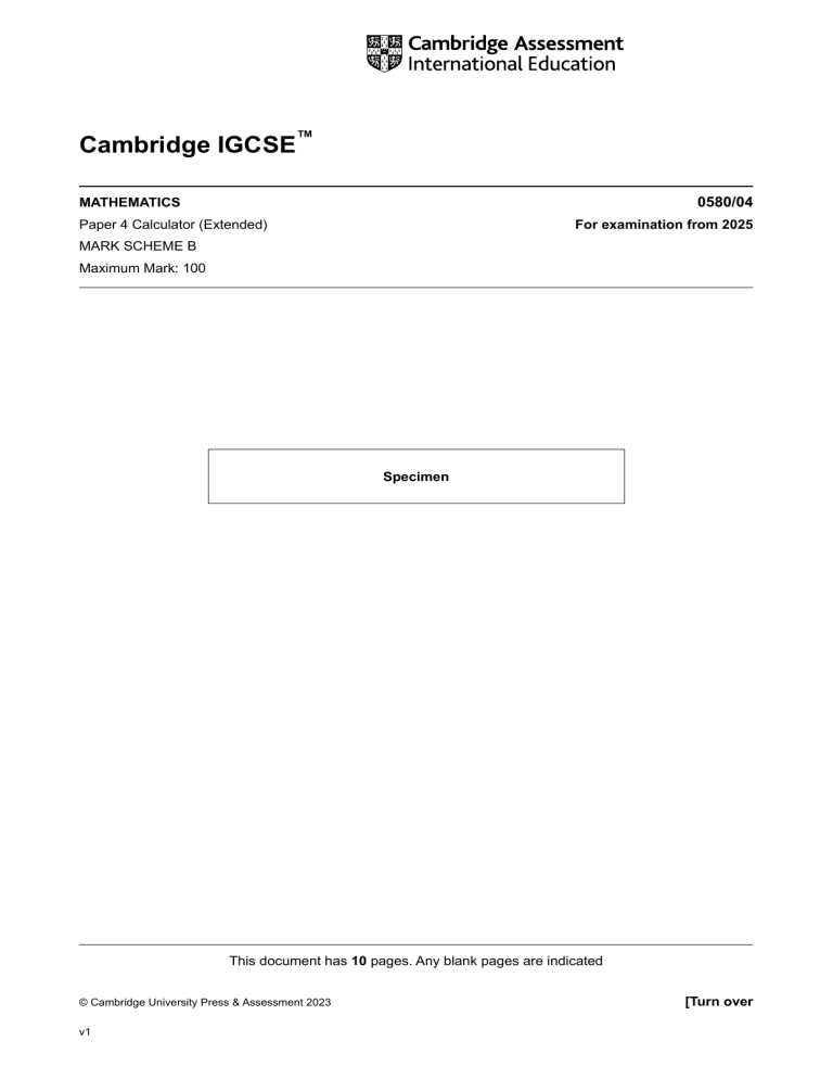 IGCSE Math Paper 4 Mark Scheme (Extended) - Specimen