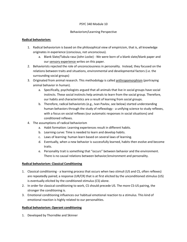 Behaviorism & Learning: Radical & Social Cognitive Theories