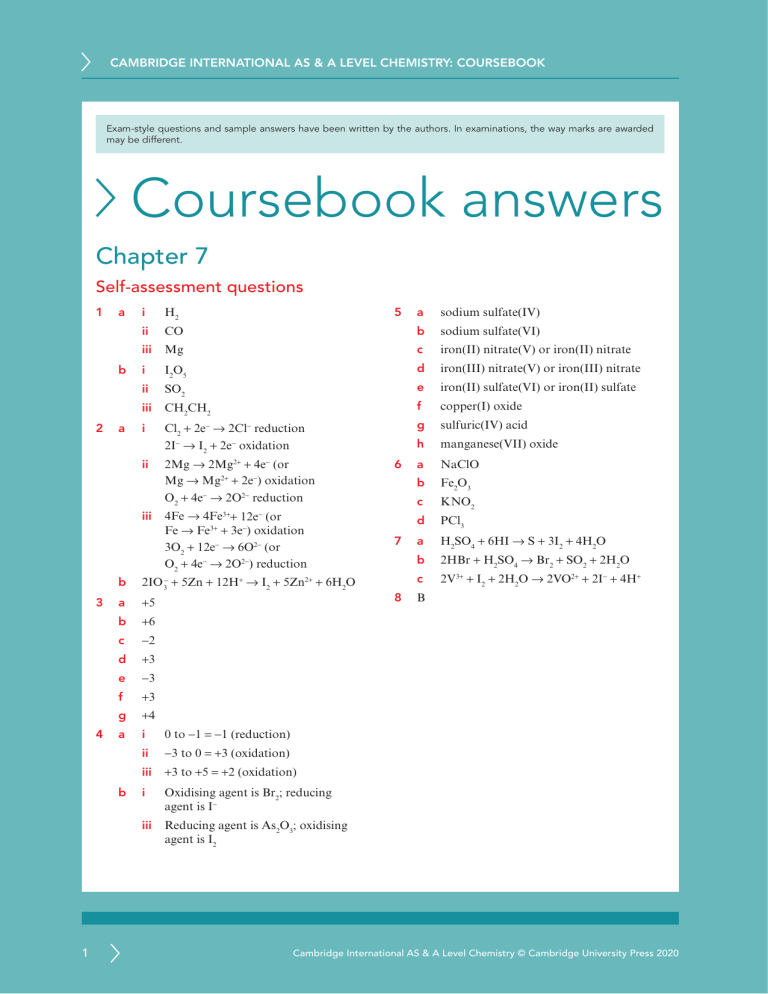 Chemistry Coursebook Answers: Chapter 7