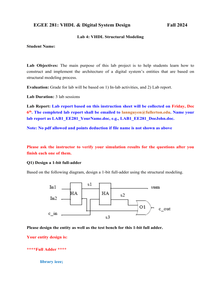 VHDL Structural Modeling Lab: Full Adder & Switching Unit