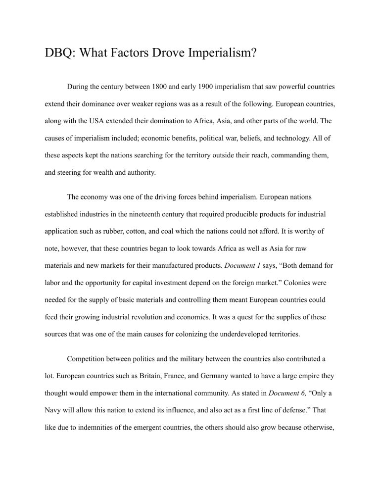 Factors Driving Imperialism: A DBQ Essay