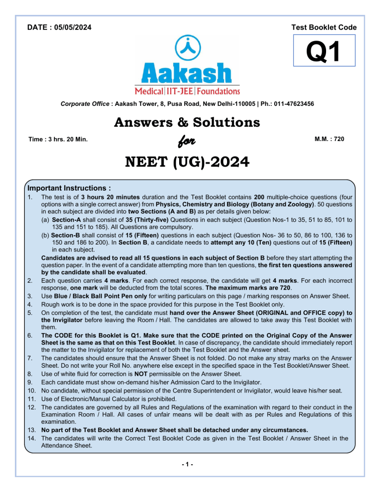 NEET (UG) 2024 Solutions Q1: Physics, Chemistry, Biology