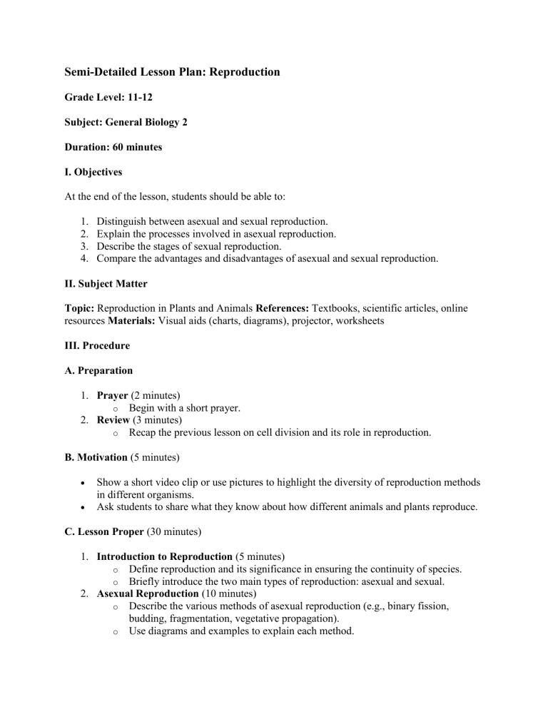 Reproduction Lesson Plan: Asexual vs. Sexual (Grades 11-12)