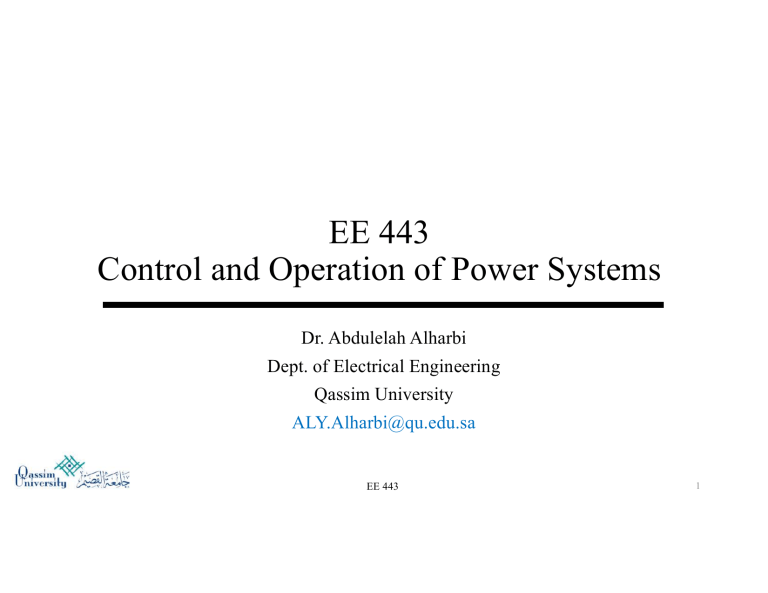 Power System Control & Operation: EE 443 Course Overview
