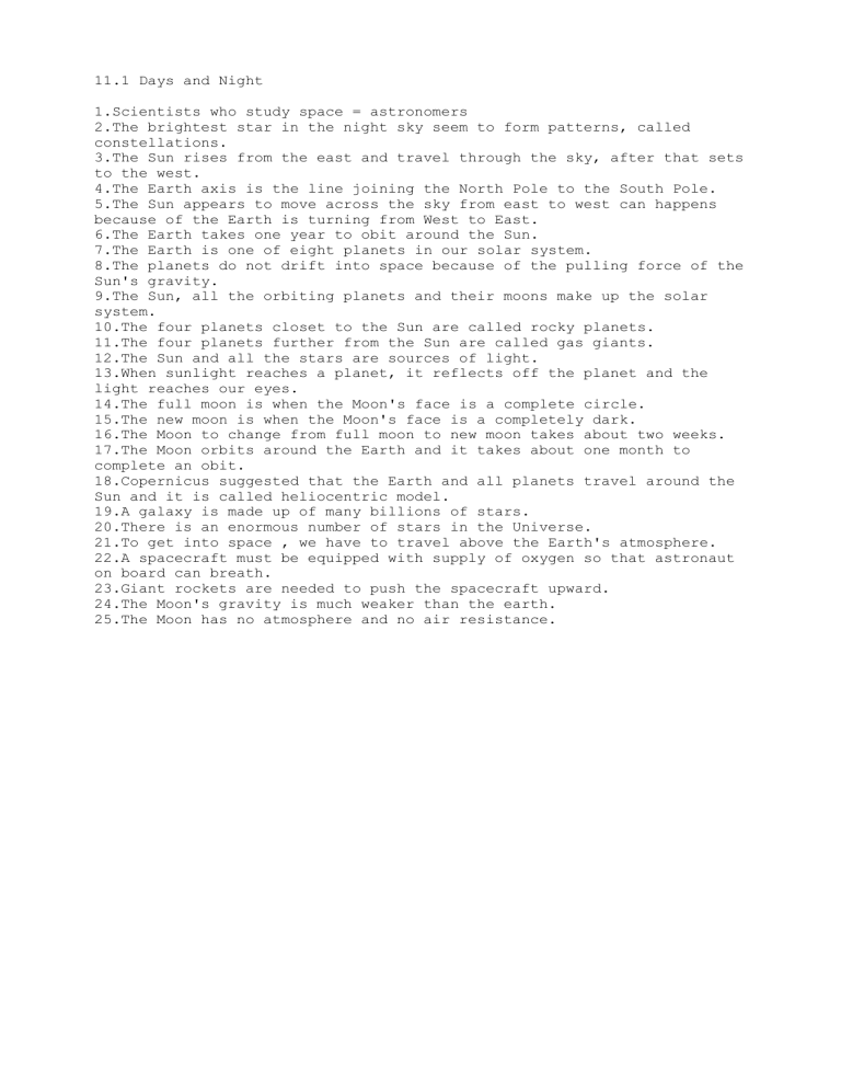 Astronomy Study Notes: Days, Night, and Space