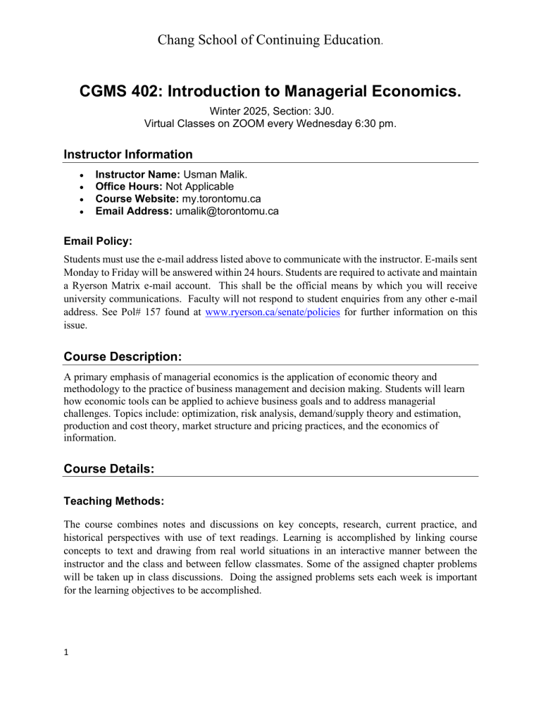 Managerial Economics Course Outline - Winter 2025