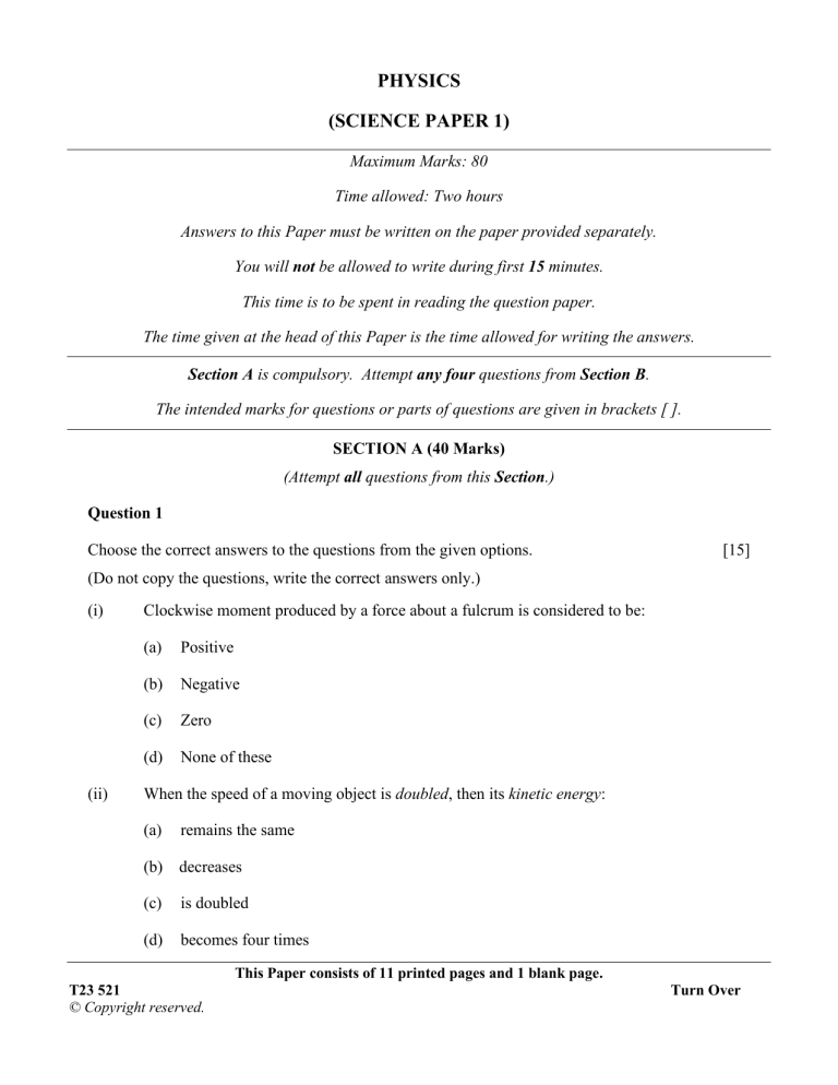 Physics Exam Paper - High School Level