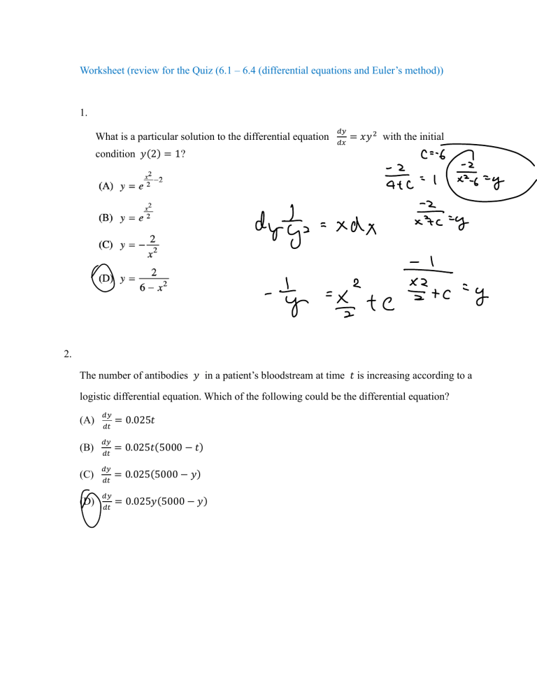 Differential Equations & Euler's Method Worksheet