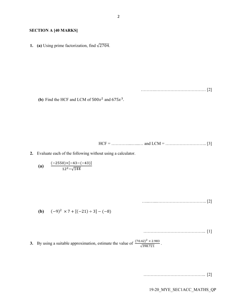 Middle School Maths Exam Paper