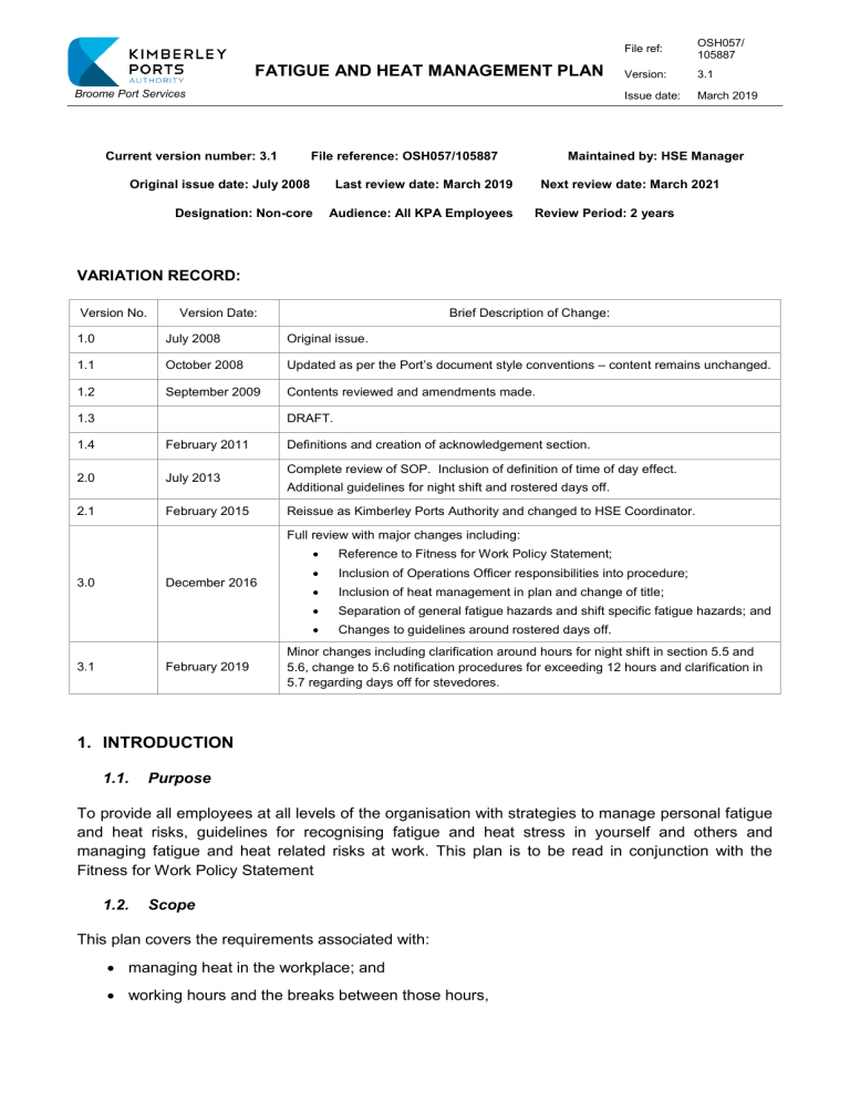 Fatigue & Heat Management Plan - Broome Port Services