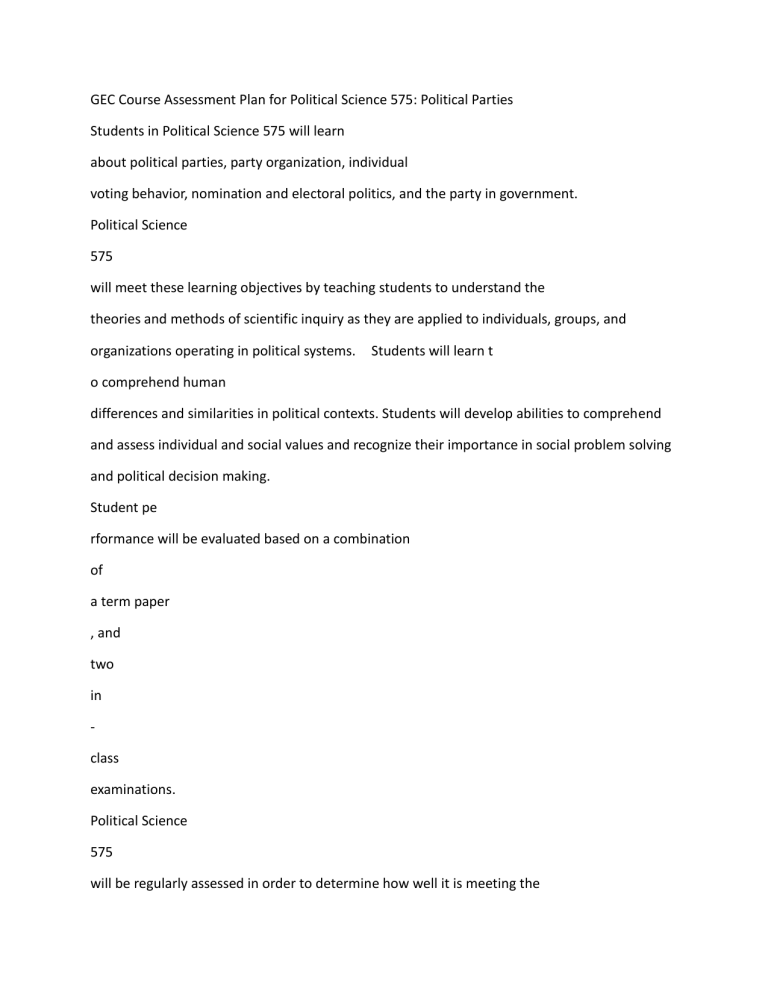 Political Science 575: Political Parties Assessment Plan