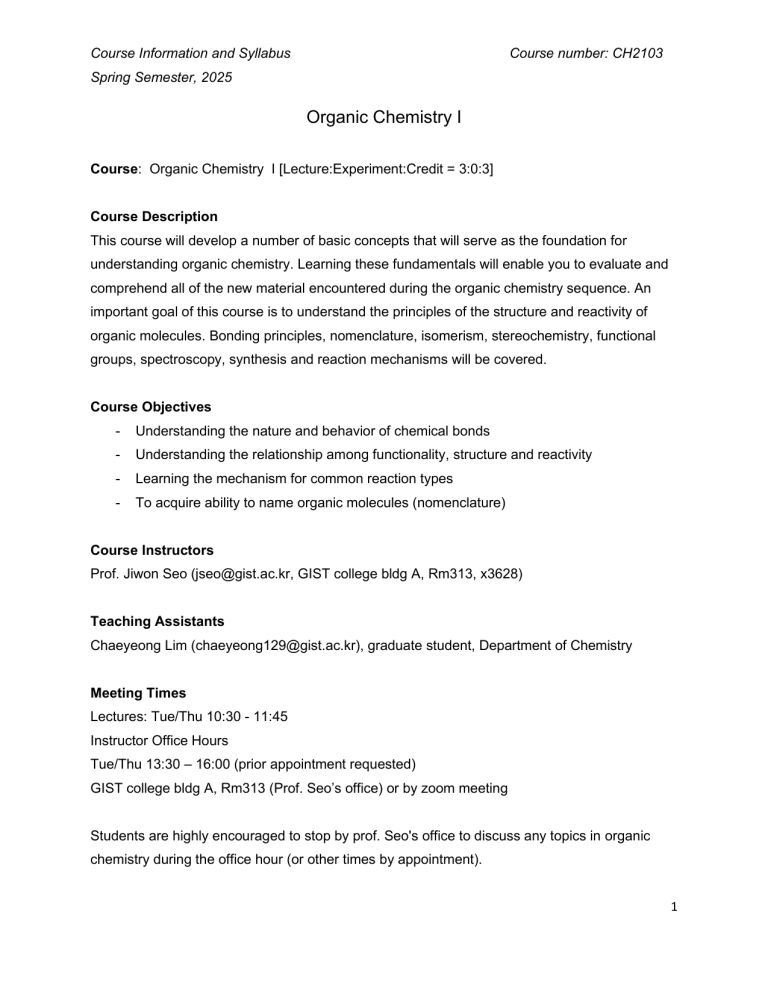 Organic Chemistry I Syllabus - GIST, Spring 2025