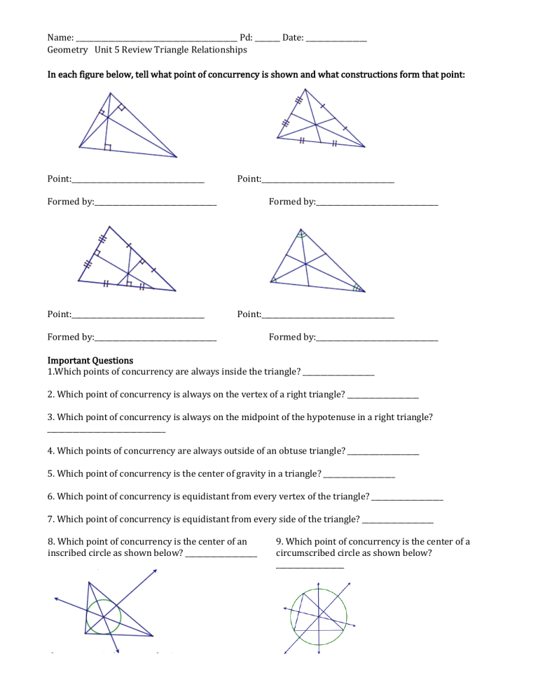 Geometry Triangle Relationships Review Worksheet