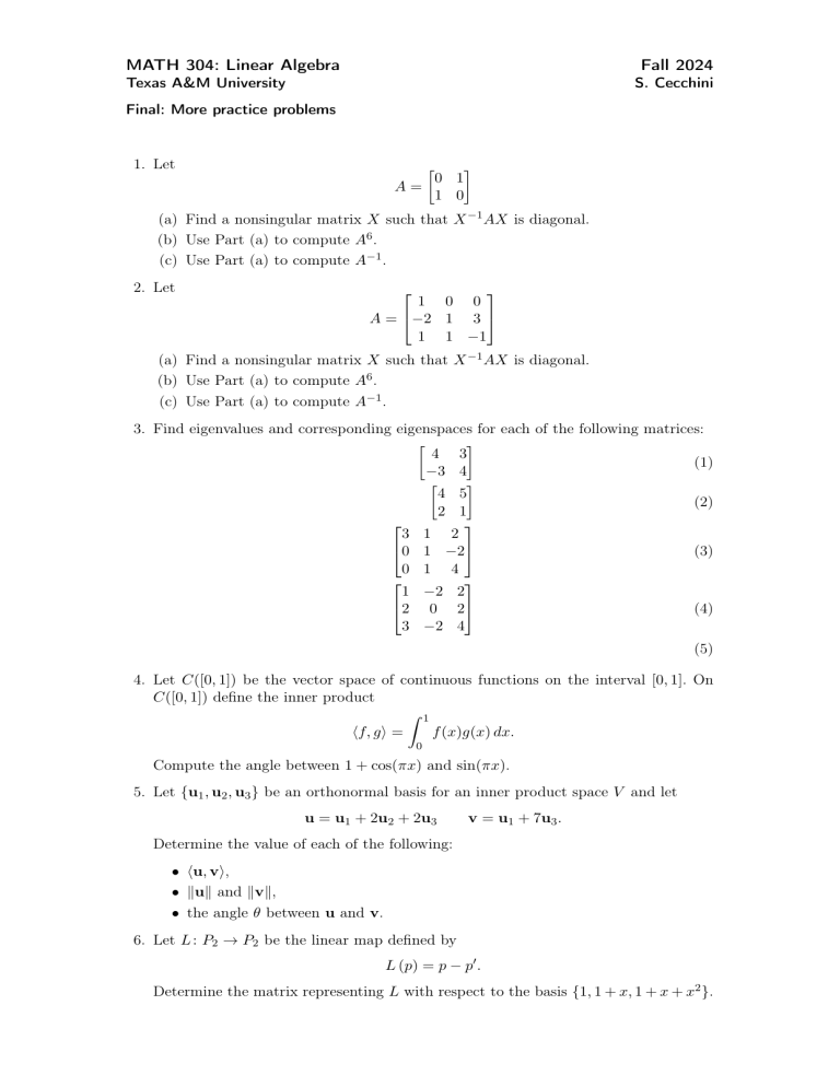 Linear Algebra Practice Problems - Texas A&M