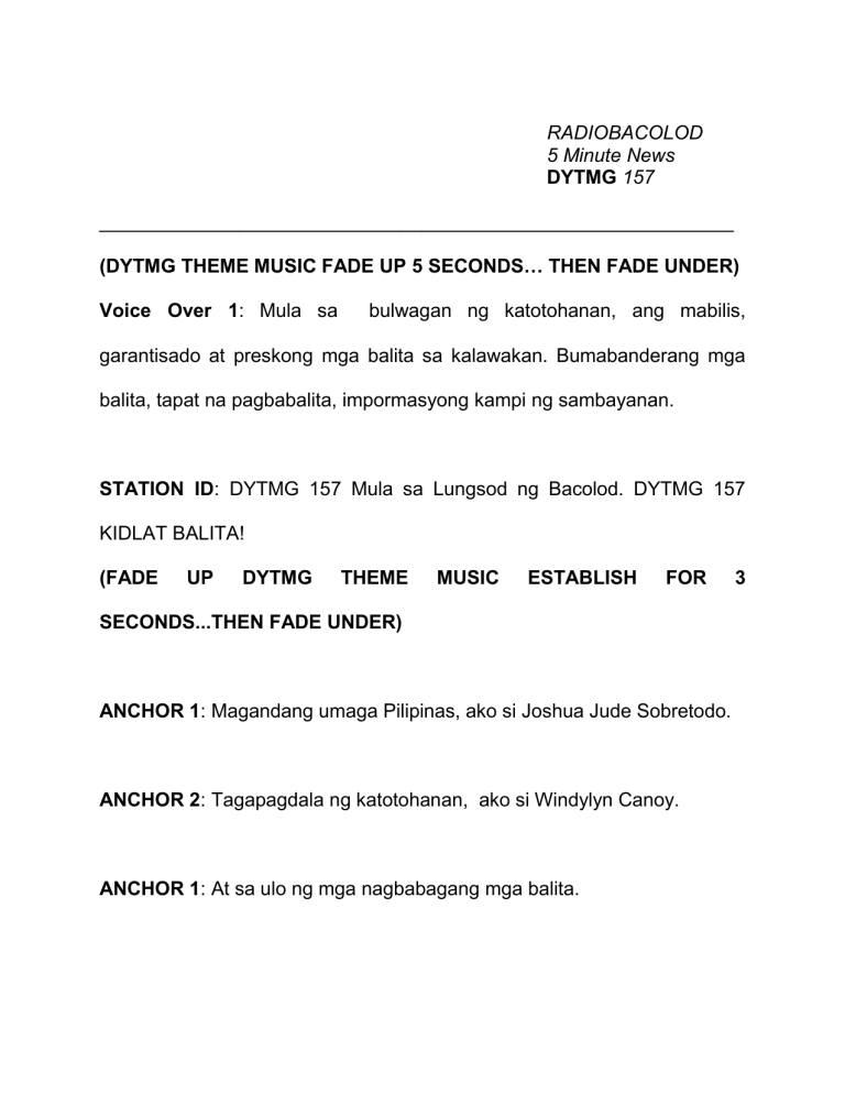 DYTMG 157 Radio News Script: Kidlat Balita