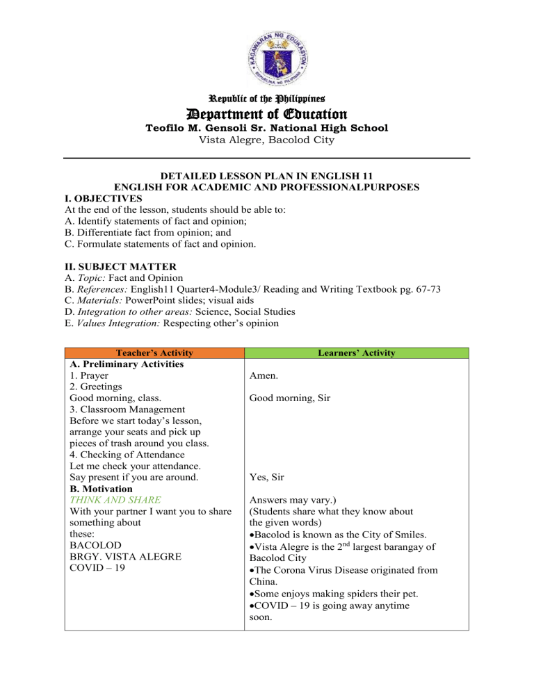 Fact vs. Opinion: English 11 Lesson Plan