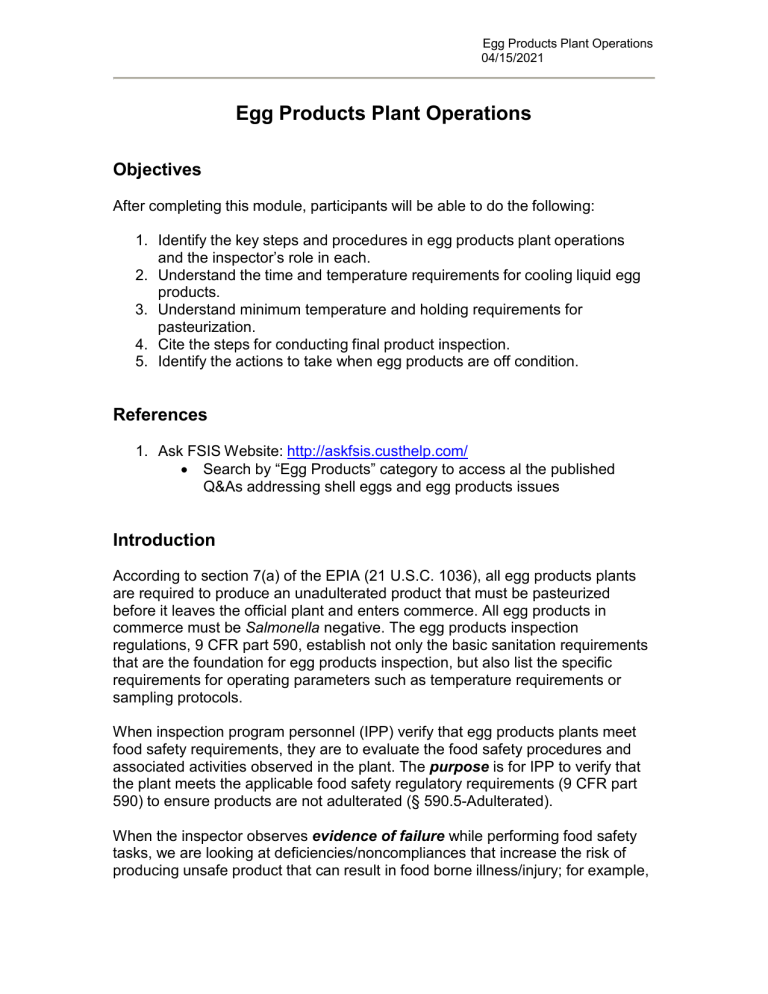 Egg Products Plant Operations Training Module