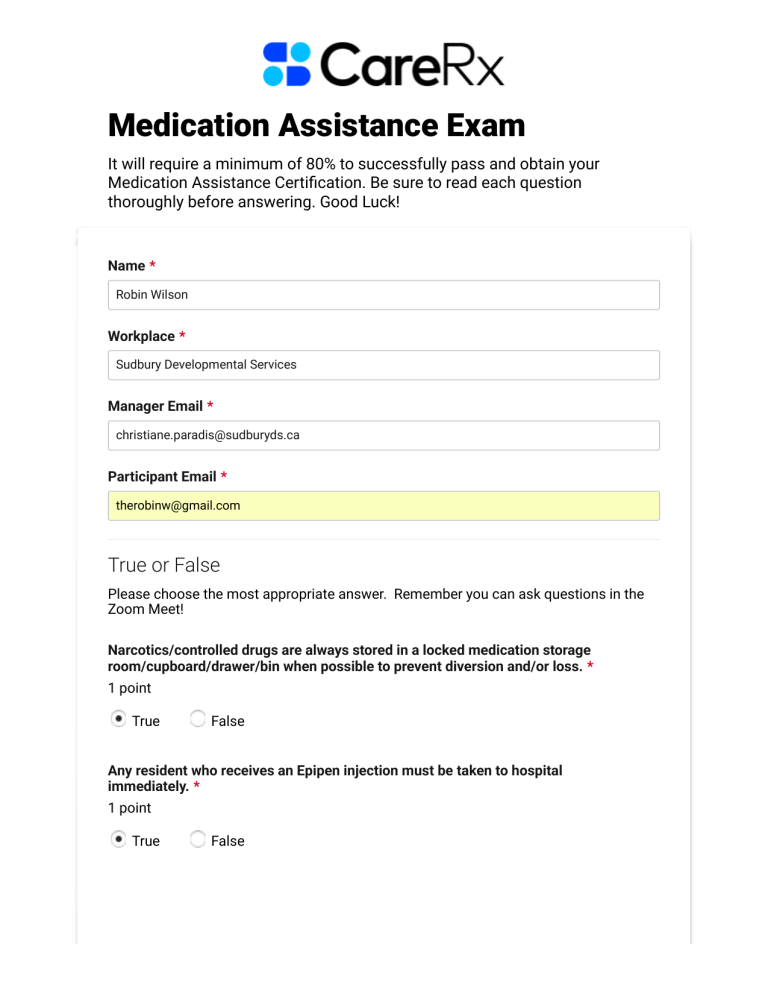 Medication Assistance Exam - CareRx Certification