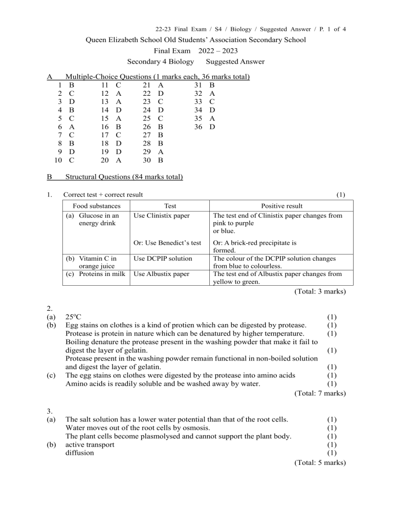 S4 Biology Exam Paper with Suggested Answers