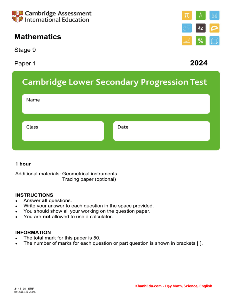 Stage 9 Math Exam Paper 2024