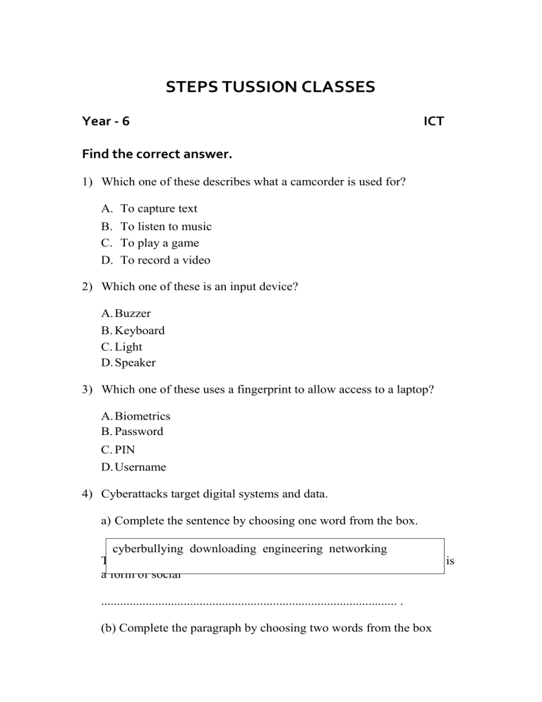 Year 6 ICT Worksheet: Camcorders, Input Devices, Cyberattacks