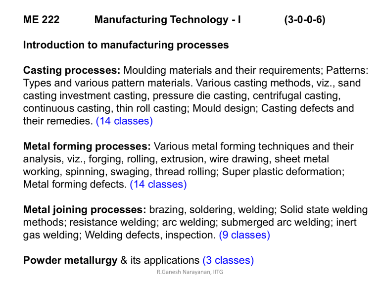 Manufacturing Technology Course: Casting, Forming, Joining