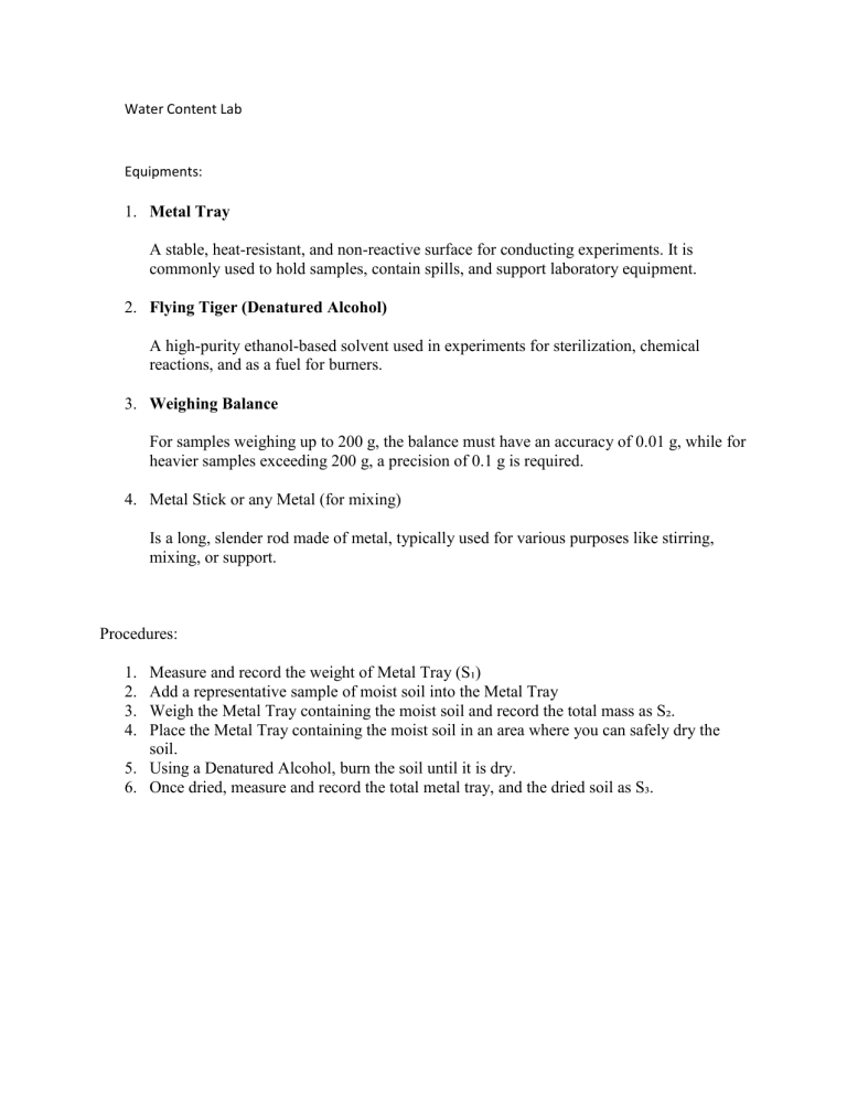 Soil Water Content & Specific Gravity Lab Procedures