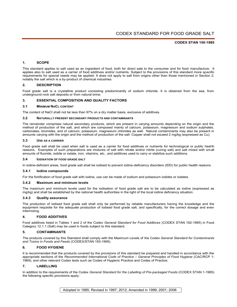 Codex Standard for Food Grade Salt (CODEX STAN 150-1985)
