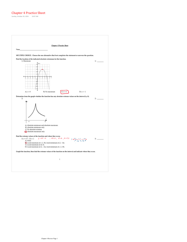 Chapter 4 Practice Sheet: Extrema of Functions