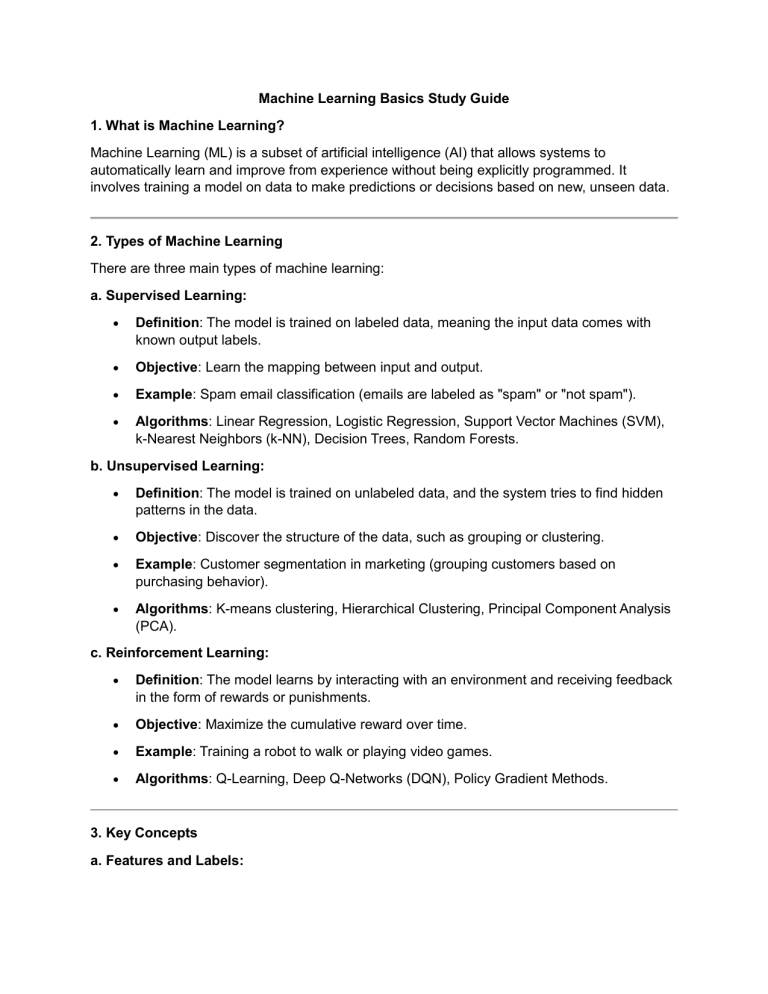 Machine Learning Basics: Study Guide