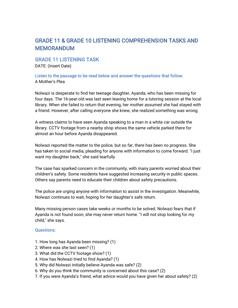 Grade 10 & 11 Listening Comprehension Tasks & Answers