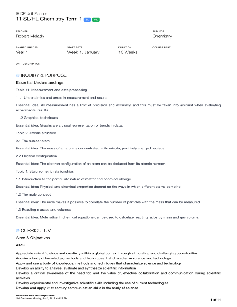 IB Chemistry SL/HL Unit Planner: Stoichiometry & Atomic Structure
