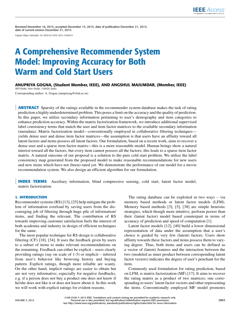 Recommender System Model: Accuracy for Warm & Cold Start Users