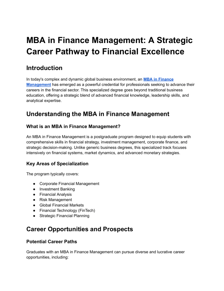 MBA in Finance Management: Career Guide