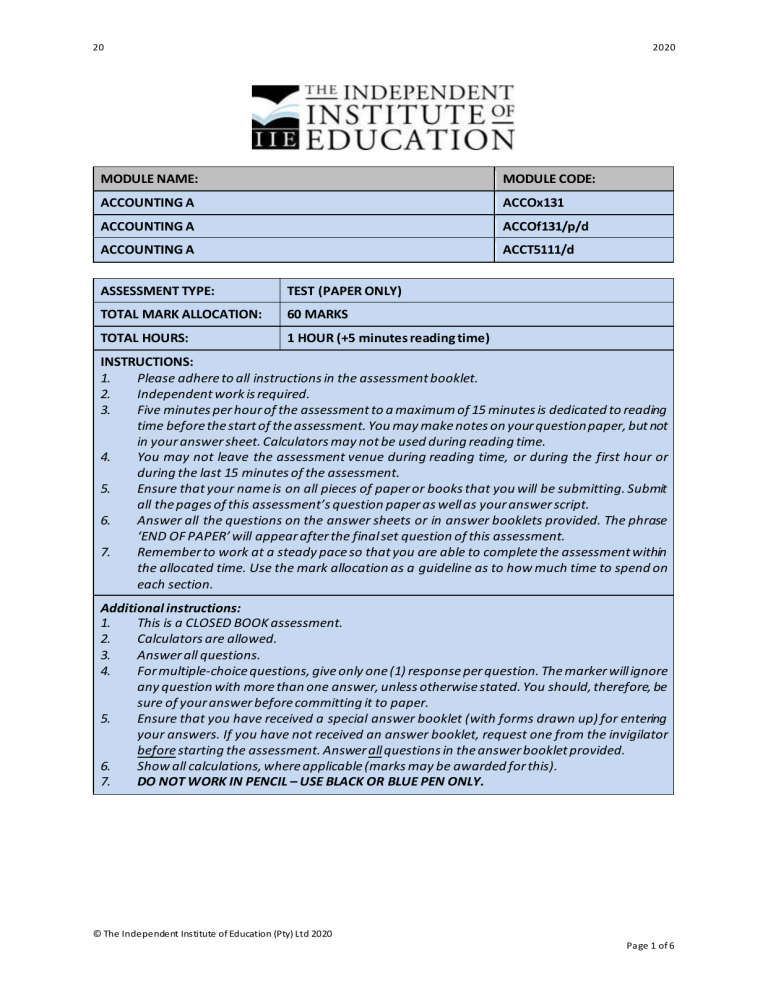Accounting A Test Paper